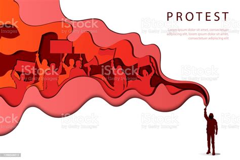 혁명 또는 항의 개념 흰색 배경에 고립 된 배너 깃발과 메가 폰을 들고 사람들의 군중과 상징적 인 횃불을 들고 남자 실루엣 플랫 스타일컬러 벡터 일러스트레이션 군중에 대한