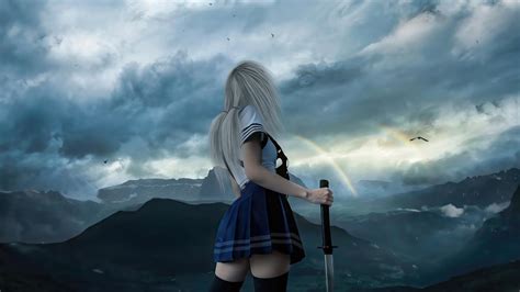 Samurai School Girl With Sword Backiee