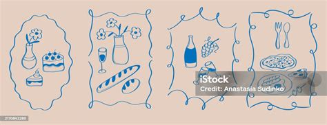 낙서 빈티지 프레임과 이탈리아 음식이 있는 포스터 세트 메뉴에 대한 개요 파란색 식사 와인과 빵 피자 0명에 대한 스톡 벡터 아트 및 기타 이미지 Istock