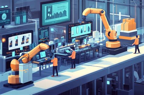 Dynamic Industrial Workspace Featuring Robotic Arms Workers Collaborate With Advanced
