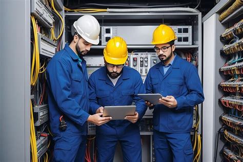 picture of two electrical engineers checking electrical work using a