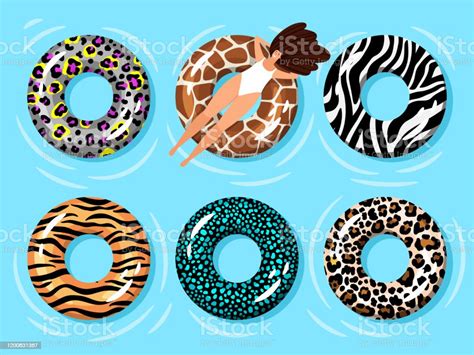 수영 반지 여자입니다 얼룩말과 표범 호랑이와 기린 인쇄와 패션 부동 튜브 링에 수영장이나 바다 물에서 여름 시간 휴식 소녀 고여 있는 물에 대한 스톡 벡터 아트 및 기타