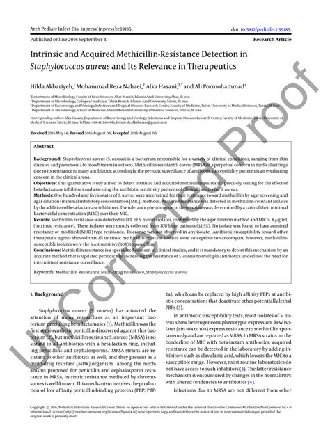 Pdf Intrinsic And Acquired Methicillin Resistance Detection In Staphylococcus Aureus And Its