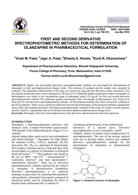 Pdf First And Second Derivative Spectrophotometric Methods For Determination Of Olanzapine In