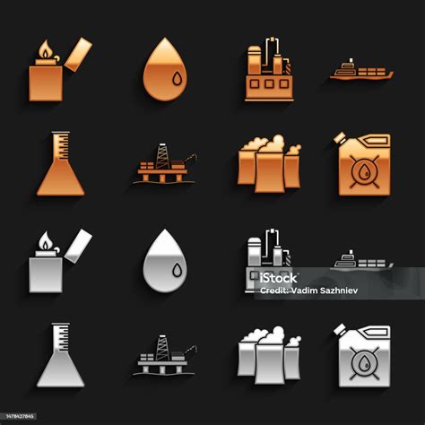 바다 유조선 선박 캐니스터 모터 기계 오일 산업 공장 건물 가솔린 테스트 튜브 라이터 및 드롭 아이콘에 오일 플랫폼을 설정합니다