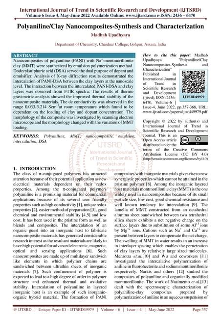 Polyaniline Clay Nanocomposites Synthesis And Characterization Pdf Commodities Economy