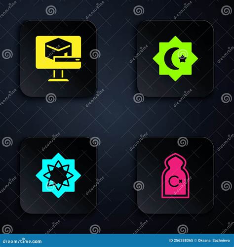 Set Muslim Mosque Kaaba Mosque Octagonal Star And Black Square Button Stock Vector