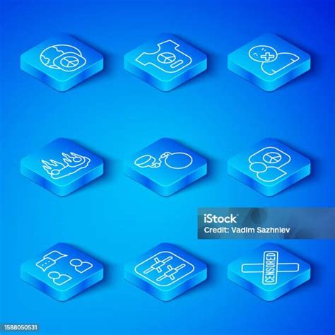 세트 라인 말풍선 채팅 체인 공 철조망 평화 회담 검열 및 언론의 자유 불타는 자동차 국제 평화의 날 및 검열 스탬프 아이콘 벡터 3차원 형태에 대한 스톡 벡터 아트 및