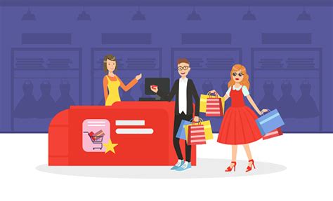 젊은 남자와 여자 상점 이나 쇼핑몰에서 계절 판매에 참여 구매 벡터 일러스트와 쇼핑 가방을 들고 커플 가방에 대한 스톡 벡터