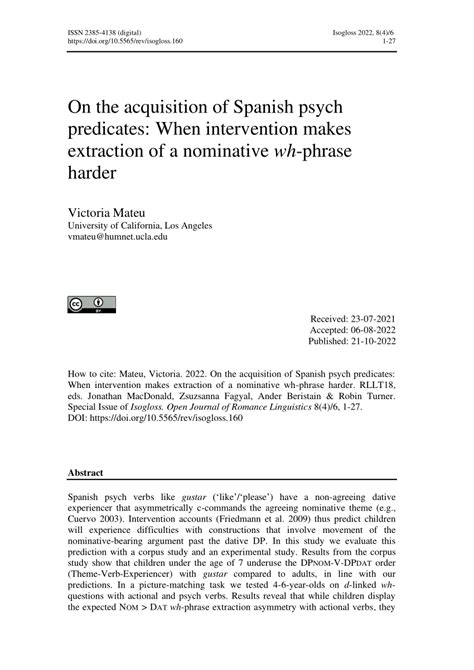 Pdf On The Acquisition Of Spanish Psych Predicates When Intervention Makes Extraction Of A