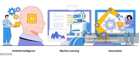 인공 지능 기계 학습 캐릭터가 있는 자동화 개념 비즈니스 효율성 추상 벡터 일러스트 레이 션 세트입니다 스마트 알고리즘 데이터 분석 의사 결정 자동화 Cpu에 대한 스톡