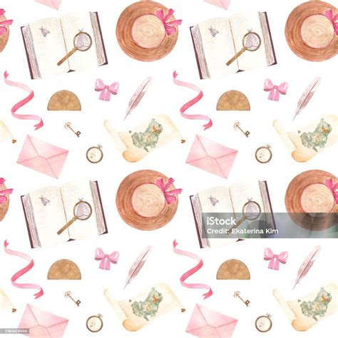 돋보기와 나방 회중 시계 태양 모자 및 분홍색 리본 수채화 완벽 한 패턴 흰색 바탕에 고립 된 하드 커버 열린 책 서점용 핸드 페인팅 여성스러운 빈티지 디자인 포장지 0명에