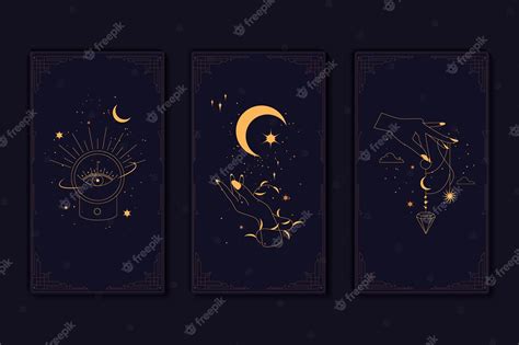 밀교 신비로운 연금술과 마녀 기호의 신비로운 타로 카드 요소 세트 프리미엄 벡터