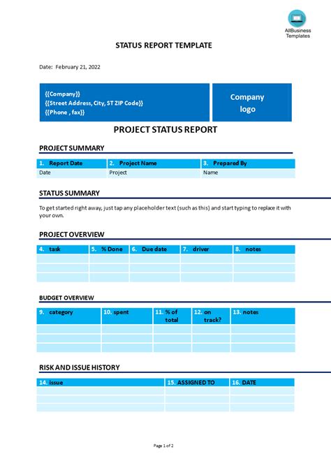 Gratis Status Report Template