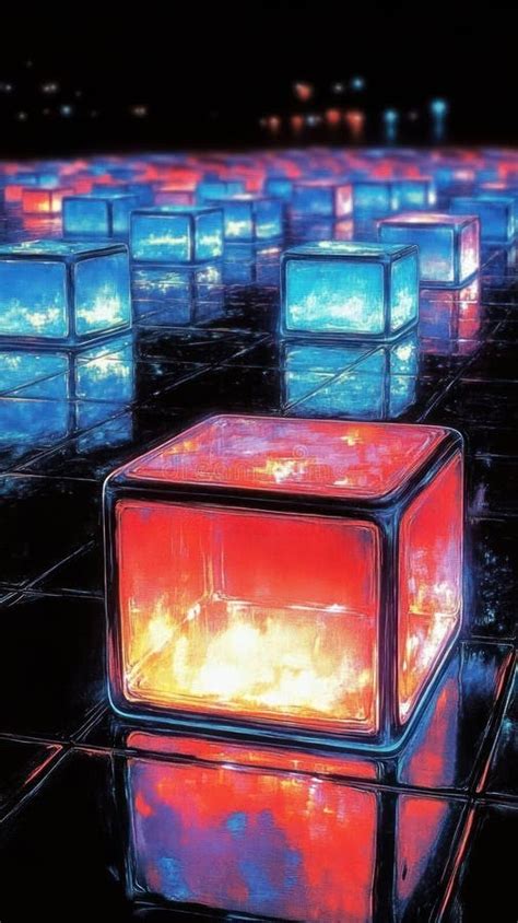A Vibrant Display Of Illuminated Cubes In Red And Blue Reflecting Light On A Dark Surface Stock