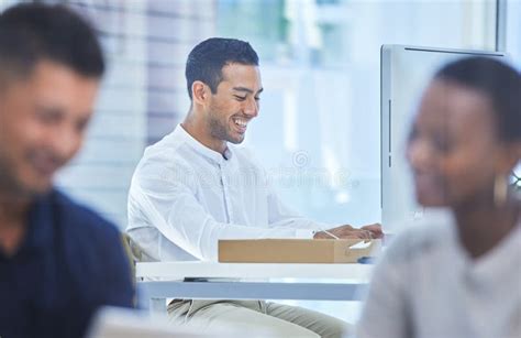 Happy, Business and Man with Computer in Office, Typing and Keyboard ...
