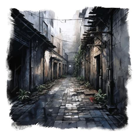 Nocturnal Cobblestone Alleyway Scene With Illuminated Lanterns And Aged