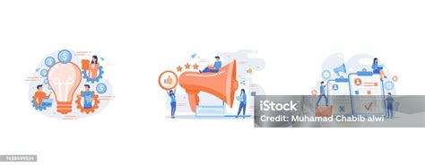 노트북과 전구를 가진 기어를 가진 비즈니스 사람들 아이콘과 메가폰을 좋아하고 공유하는 사용자 이력서 돋보기 및 메가폰을 사용하여 새 직원을 고용하는 회사 Hr 관리자 평면