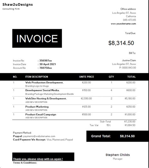Custom Digital Excel Invoice Template Auto Calculation In Excel Print In Excel Or PDF