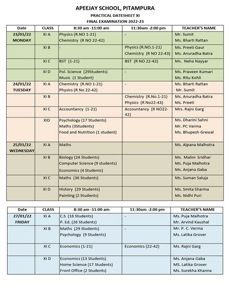 Revised Practical Datesheet Class Xi Pdf