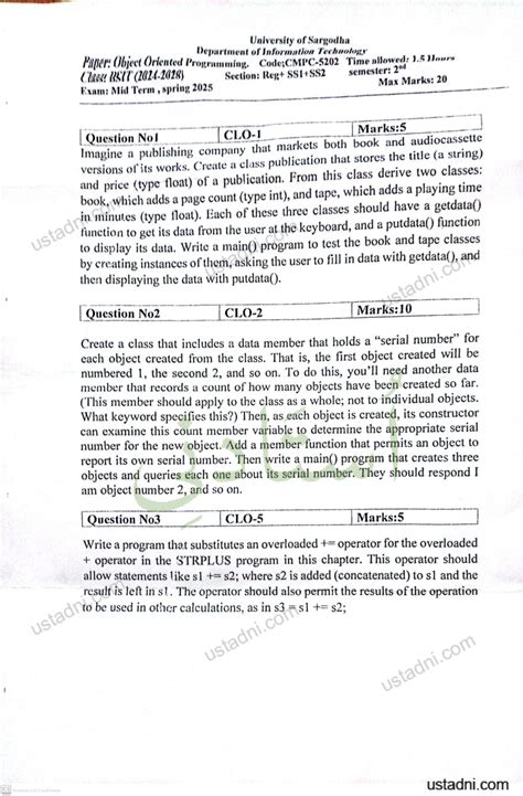 University Of Sargodha 2025 Oop Object Oriented Programming Bsit