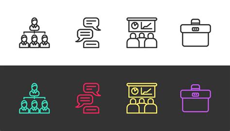 라인 계층 구조 조직도 차트 말풍선 채팅 교육 프레젠테이션 및 서류 가방을 흑백으로 설정합니다 벡터 Brand Name Online Messaging Platform에 대한