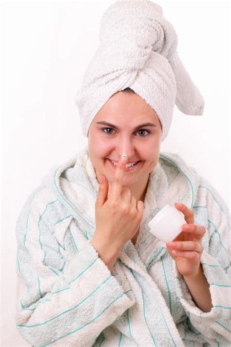Beautiful Girl Rubs Her Nose With Face Cream Stock Image Image Of