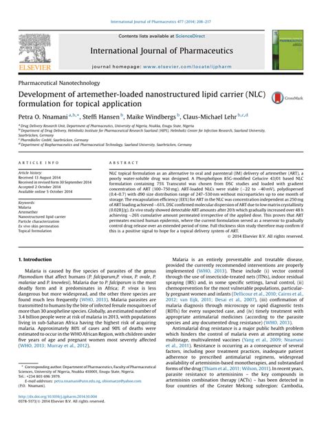 Pdf Development Of Artemether Loaded Nanostructured Lipid Carrier Nlc Formulation For