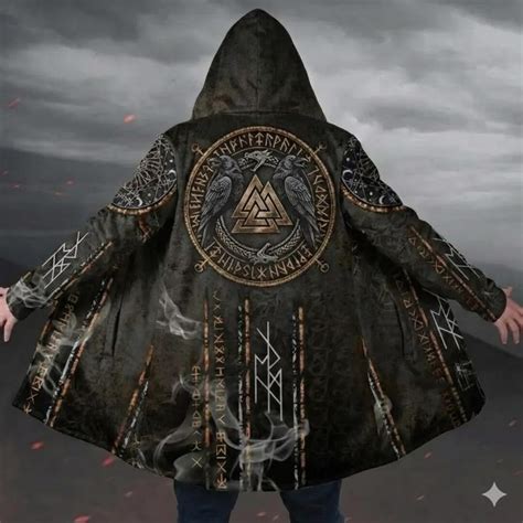 Viking Mjolnir Hammer Cloak Odins Ravens Huginn Muninn Hooded Cape