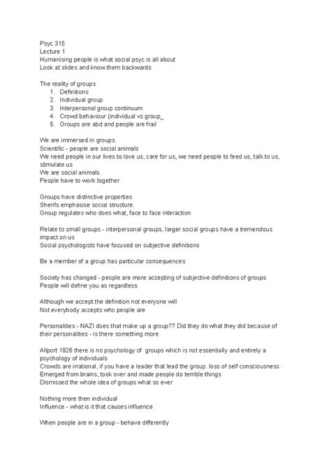 Psyc 315 Notes From Psyc 315 Lectures Psyc 315 Lecture 1 Humanising People Is What Social