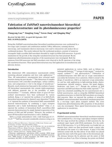 Pdf Fabrication Of Znssno Nanowirenanosheet Hierarchical Nanoheterostructure And Its