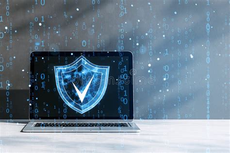 Digital Shield Icon On Laptop Screen With Binary Code Overlay