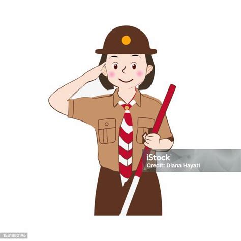 갈색 유니폼 모자를 쓰고 존경하는 귀여운 인도네시아 프라무카 스카우트 스카우트 유니폼을 입은 만화 벡터 일러스트레이션 학생들 갈색에 대한 스톡 벡터 아트 및 기타 이미지
