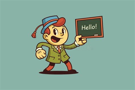 Retro Cartoon Character Holding Hello Chalkboard Stock Vector Illustration Of Hello Class
