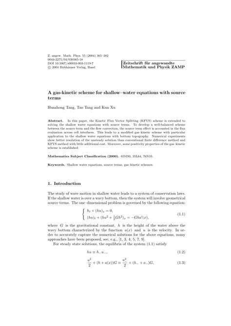 Pdf A Gas Kinetic Scheme For Shallow Water Equations With Source Terms