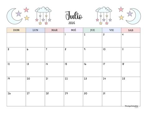 Calendario Julio 2026 Gratis Para Imprimir Y Rellenar