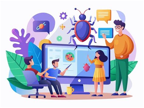 Team Of Developers Debugging Software Bug On Computer Screen Vector Art Premium Ai Generated Image