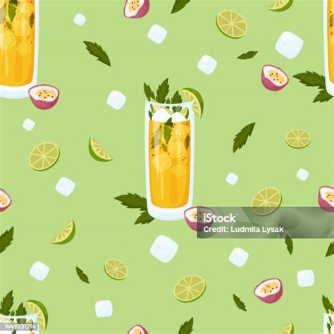 여름 칵테일 열정 과일 모히토가 있는 매끄러운 패턴은 녹색 배경에 얼음 조각 석회 민트가 있는 유리에 있습니다 라틴 아메리카 열대 음료와 벡터 패턴입니다 각얼음에 대한 스톡