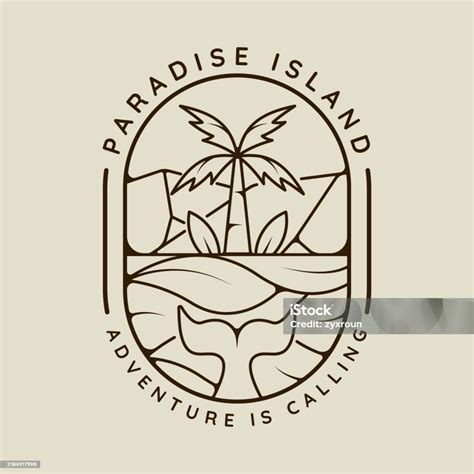 야자수와 서핑 해변 로고 라인 아트 간단한 미니멀리스트 벡터 일러스트 레이 션 템플릿 아이콘 디자인 파라다이스 섬과 코코넛 나무 고래 꼬리 기호 또는 기호 및 배지 타이포