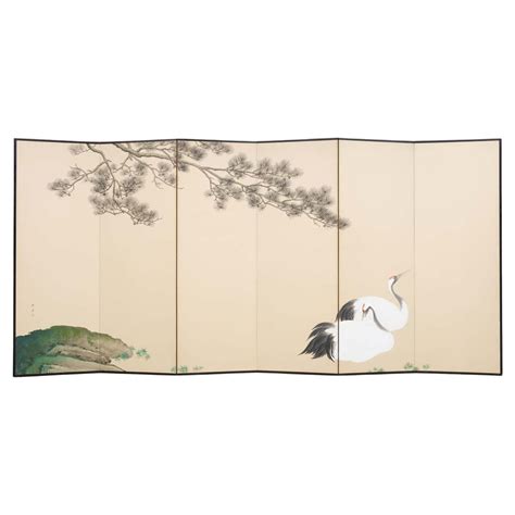 Beautiful Japanese Large 6 Panel Byôbu 屏風 With Cranes 鶴 And Pine Tree 松 Signed For Sale At 1stdibs
