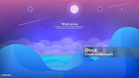 달빛 벡터 그림이 있는 아름다운 엽서 야경 만화 2d 스타일 벡터 그림입니다 산이 있는 풍경을 배경으로 한 달빛 혜성이 있는 별이 빛나는 그라데이션 하늘 0명에 대한 스톡