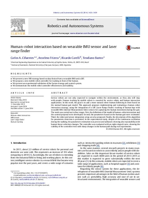 Pdf Human Robot Interaction Based On Wearable Imu Sensor And Laser
