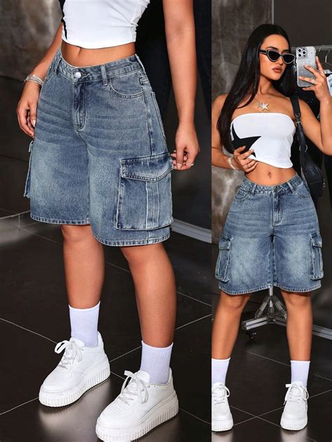 Ladies Plain Casual Denim Shorts Cargo Denim Shorts