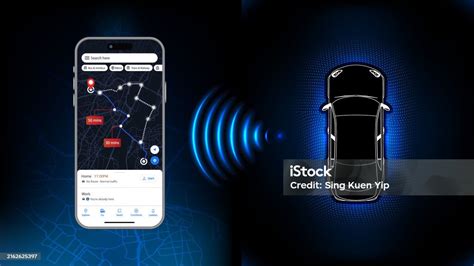 Gps 추적 및 조명 경로 대시보드가 있는 차량 위치 감지 및 스마트폰 내비게이션 앱 미래주의 벡터 일러스트 레이 션 첨단