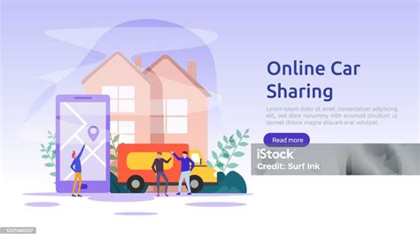 온라인 차량 공유 또는 렌탈 개념 내비게이션 스마트 폰 온라인지도 Gps 및 웹 방문 페이지 템플릿 배너 프리젠 테이션 광고 또는 인쇄 미디어에 대한 사람 문자와 모바일