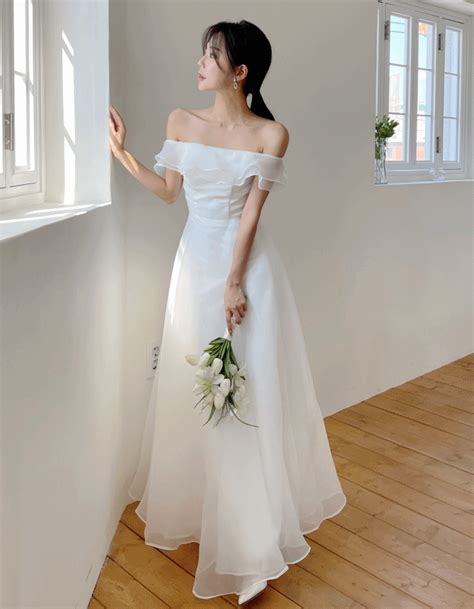 웬디 오프숄더 셀프웨딩 드레스 오간자 프릴 2부 피로연 브라이덜샤워 돌잔치 원피스 에이블리