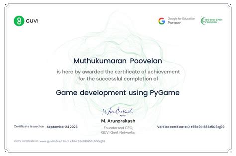 completed python game development certificate muthukumaran poovelan