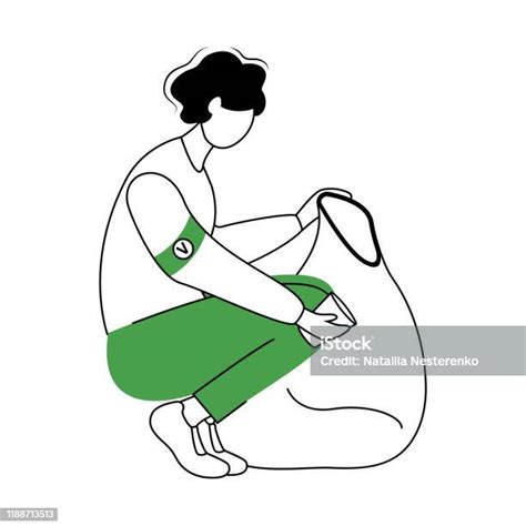 남자 청소 쓰레기 플랫 윤곽 벡터 그림입니다 지역 사회 봉사 노동자 는 흰색 배경에 만화 개요 문자를 격리 비닐 봉지 간단한