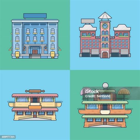 도시 타운 하우스 호텔 카페 레스토랑 테라스 빵집 아키텍처 집합 건물 선형 스트로크 윤곽선 평면 스타일 벡터 아이콘입니다 컬러 아이콘 컬렉션입니다 0명에 대한 스톡 벡터