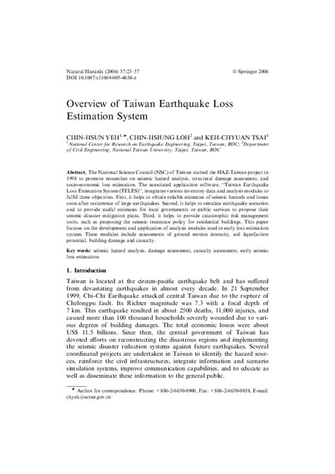 Pdf Overview Of Taiwan Earthquake Loss Estimation System